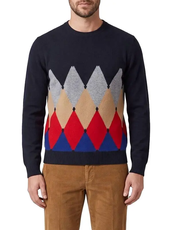 BALLANTYNE Diamond Pattern Pure Cashmere Crewneck Jumper - Navy