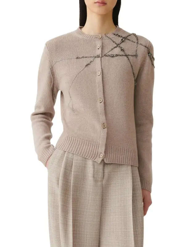 Fabiana Filippi Cashmere And Silk Cardigan With Crystal Embroidery - Coffee