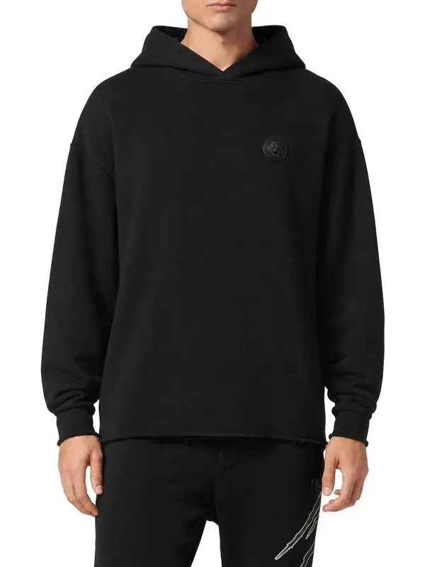PLEIN SPORT Raw-edge Cotton Hoodie - Black