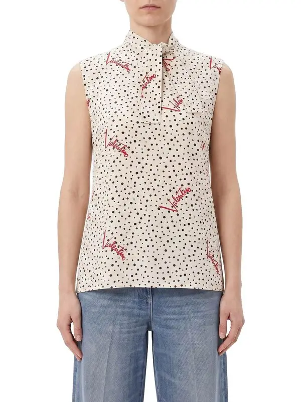 Valentino Garavani Polka Dot Sleeveless Top In Crêpe De Chine With Pussy-bow - Cream