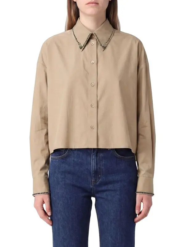 Fabiana Filippi Long-sleeved Cotton Shirt With A Jewelled Collar And Rhinestones - Coffee