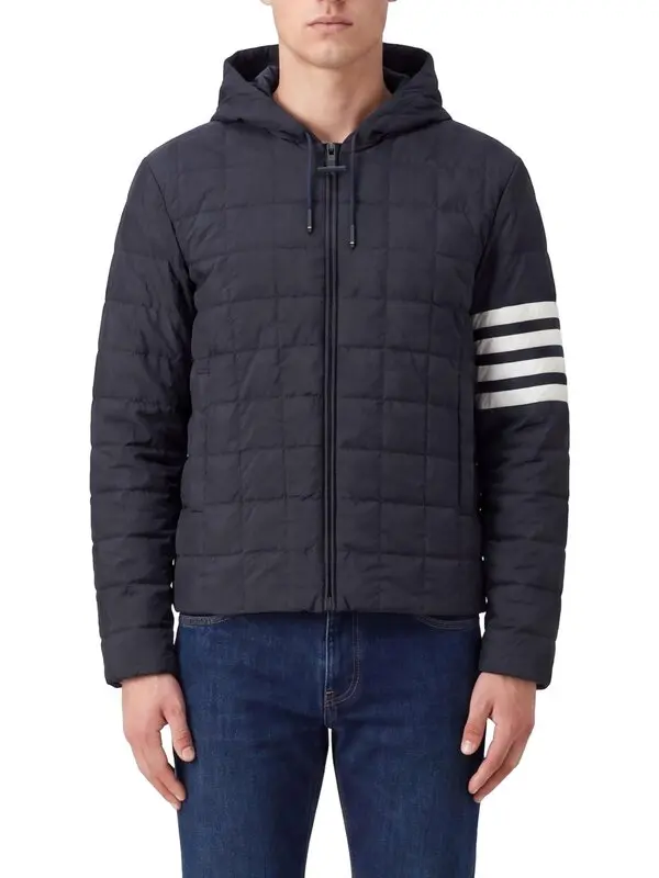 Thom Browne Ripstop Nylon Down Jacket With Hood And Iconic 4-bar Stripe - Blue