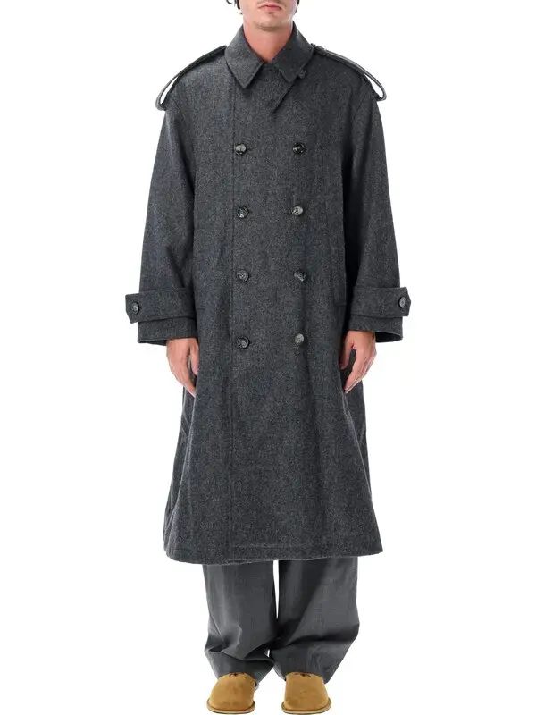 AMI Paris Wool Trench Jacket With Relaxed Double-breasted Silhouette, Shoulder Tabs & Engraved Horn Buttons - Grigio