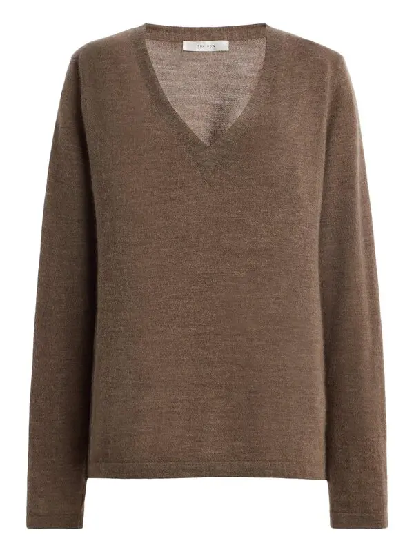 THE ROW Poesis Taupe Cashmere V-neck Sweater - Grey