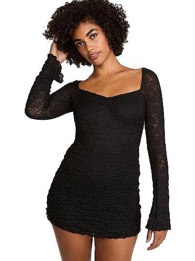 Pink Lace Square-neck Long-sleeve Mini Dress - Black