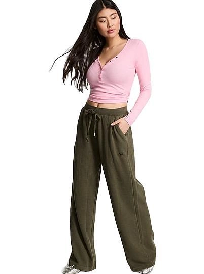 Pink Wondersoft Waﬄe-knit Wide-leg Pants - Green