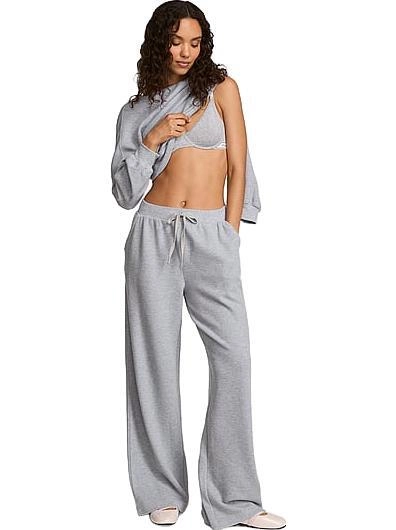 Pink Wondersoft Waﬄe-knit Wide-leg Pants - Grey