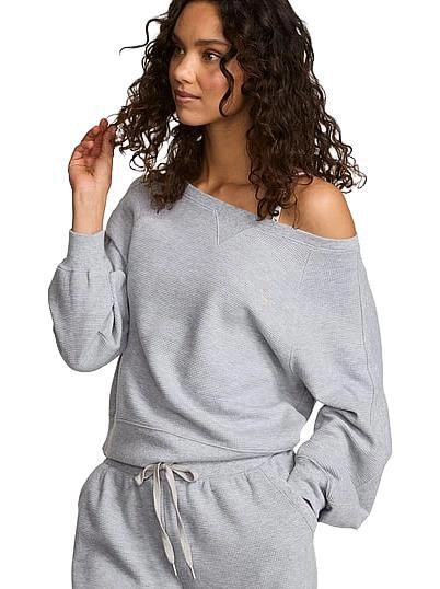 Pink Wondersoft Waﬄe-knit Oﬀ-the-shoulder Sweatshirt - Grey