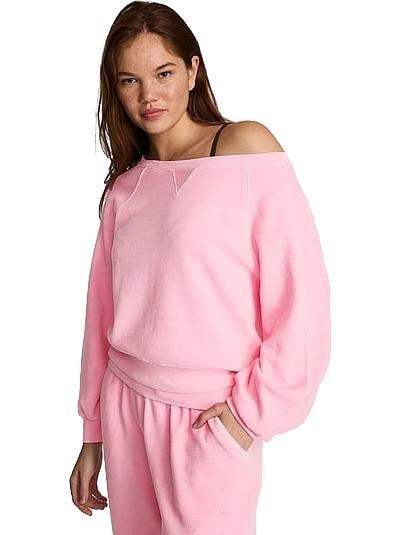 Pink Wondersoft Waﬄe-knit Oﬀ-the-shoulder Sweatshirt - Pink