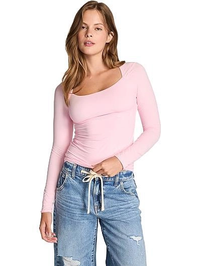 Pink Base Stretch™ Boat-neck Long-sleeve Top - Pink