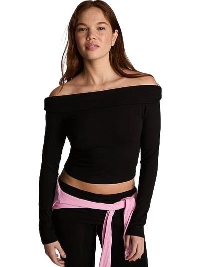 Pink All-day Cotton™ Off-the-shoulder Cropped Top - Black