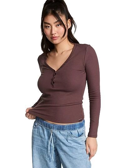 Pink Waﬄe Snap Long-sleeve Henley Top - Brown