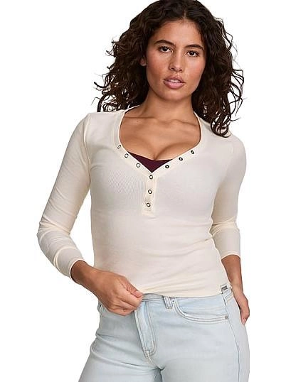 Pink Waﬄe Snap Long-sleeve Henley Top - Grey