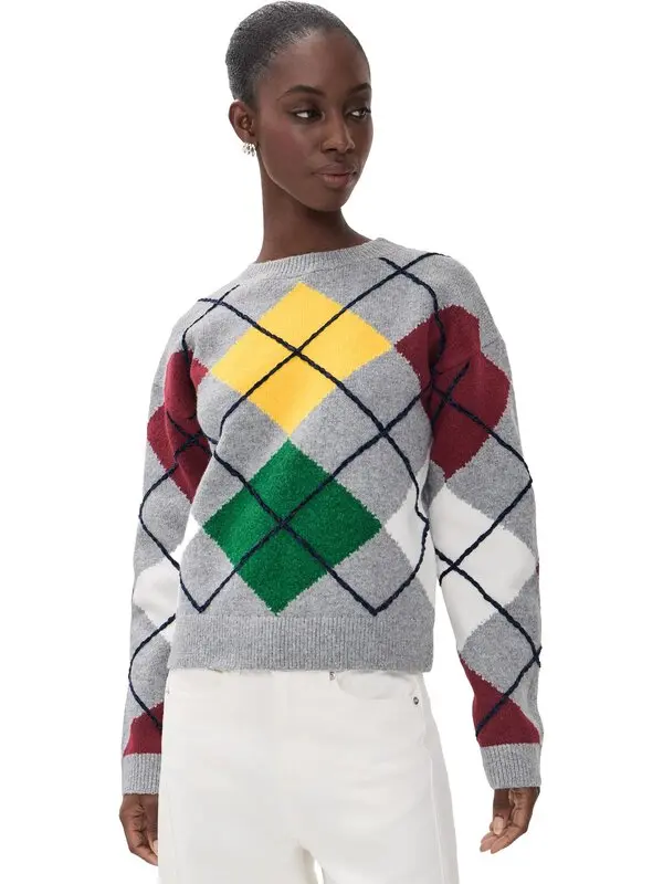 English Factory Argyle Whipstitch Knit Sweater - Light Grey Multi