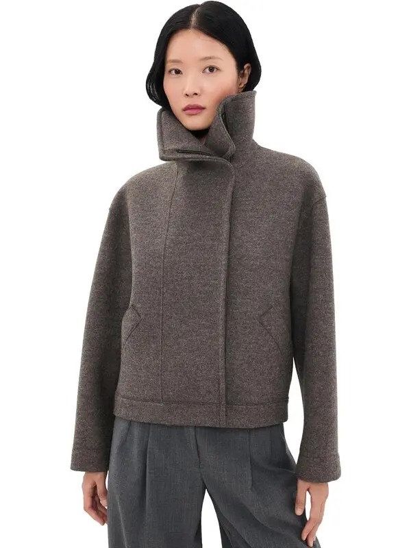 Harris Wharf London Wool Funnel Biker Jacket - Brown Grey