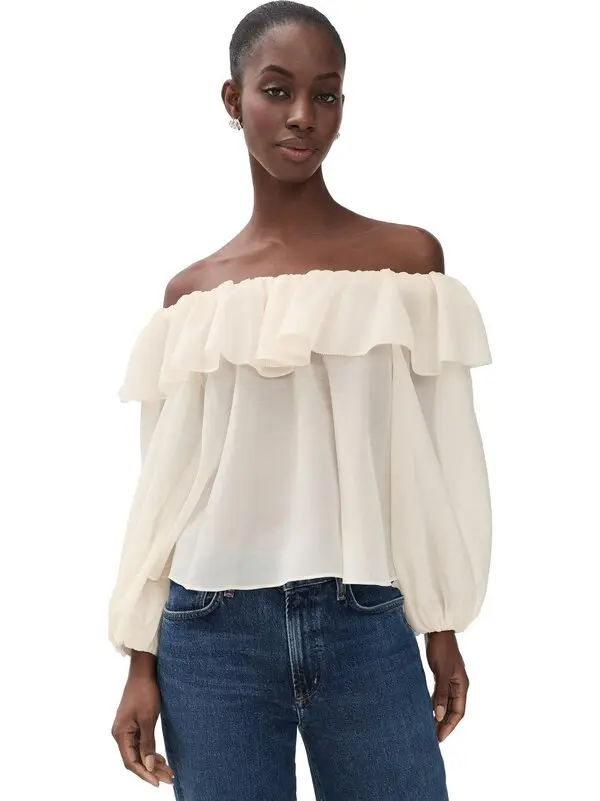 Alice + Olivia Alta Off Shoulder Ruffle Blouse - Chino