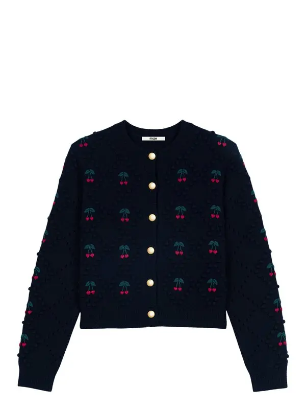 Maje Wool Cherry-embroidered Cardigan - Blue