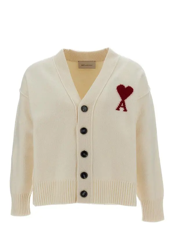 AMI Paris Cardigan Scollo A V De Coeur - Bianco