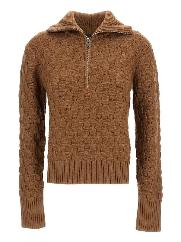 WALES BONNER Maglia Acoustic Mezza Zip In Lana - Marrone