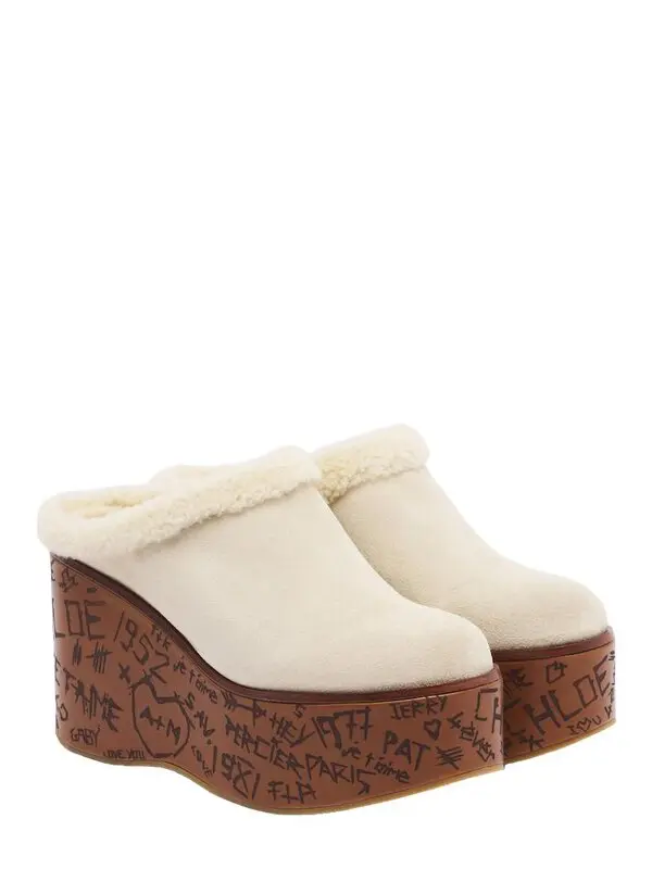 Chloé Maxime Shearling-trimmed Suede Platform Mules - Beige