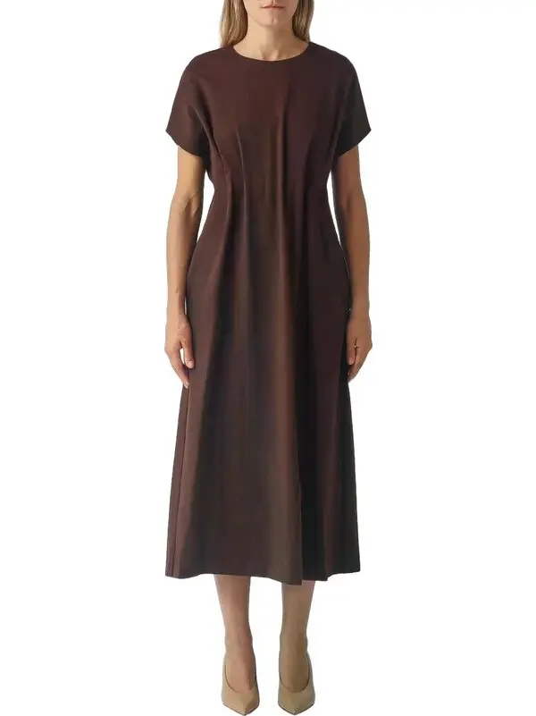 MEIMEIJ Pleated-waist Short-sleeve Midi Dress - Brown