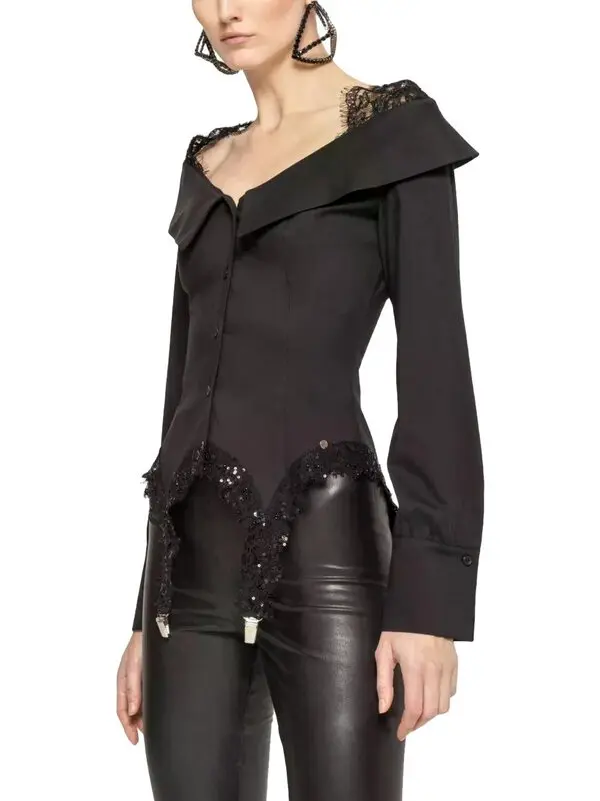 NISSA Lace-trim Sequin-embellished Shirt - Black