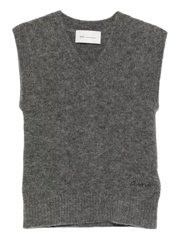 AMI Paris V-neck Logo-embroidered Sweater - Grey