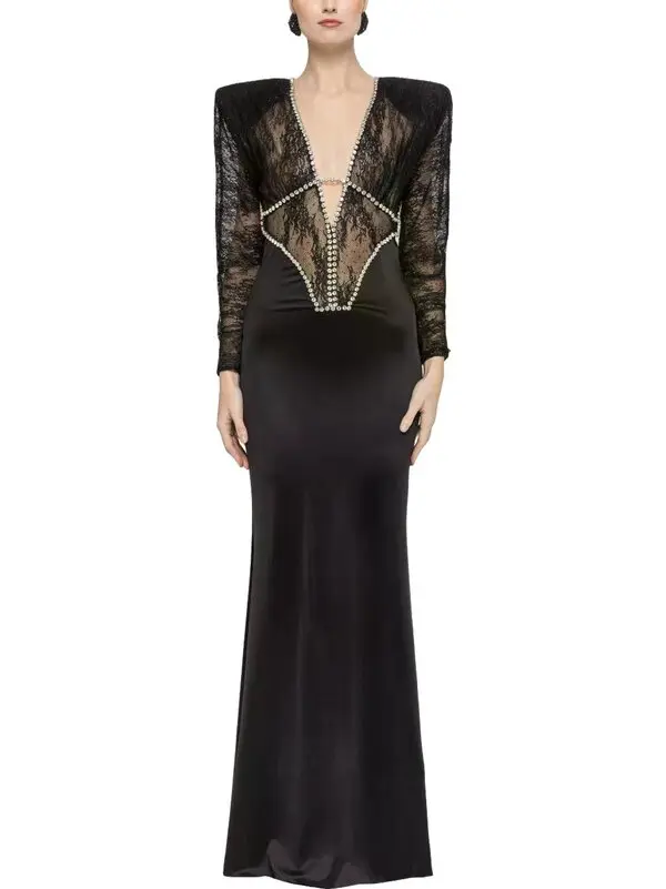 NISSA Lace-panelled Crystal-embellished Dress - Black
