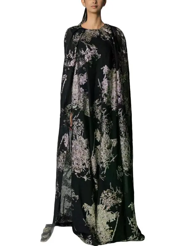 MIAU BY CLARA ROTESCU Floral-print Cape-sleeve Maxi Dress - Black