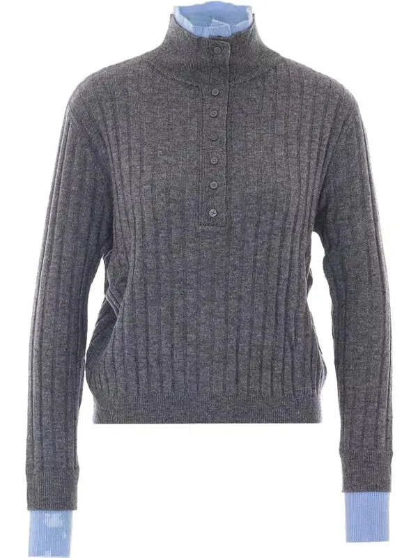 ELE Ribbed-knit Button-up Sweater - Grey