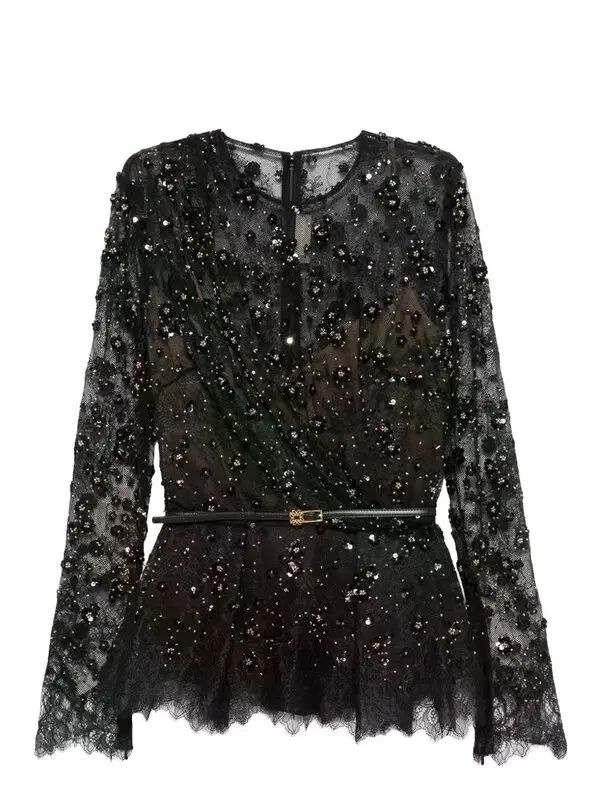 Elie Saab Sequin-embellished Lace Peplum Top - Black