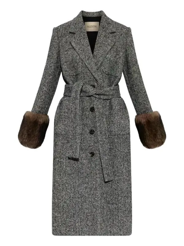 Valentino Garavani Herringbone-pattern Faux-fur-trim Coat - Grey