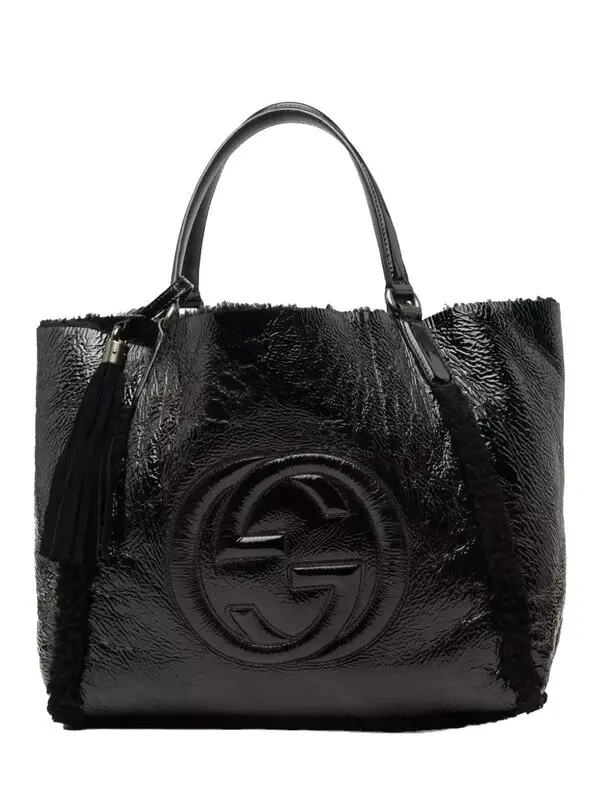Gucci 2016-2026 Medium Shearling Trimmed Patent Soho Cellarius Tote Bag - Black