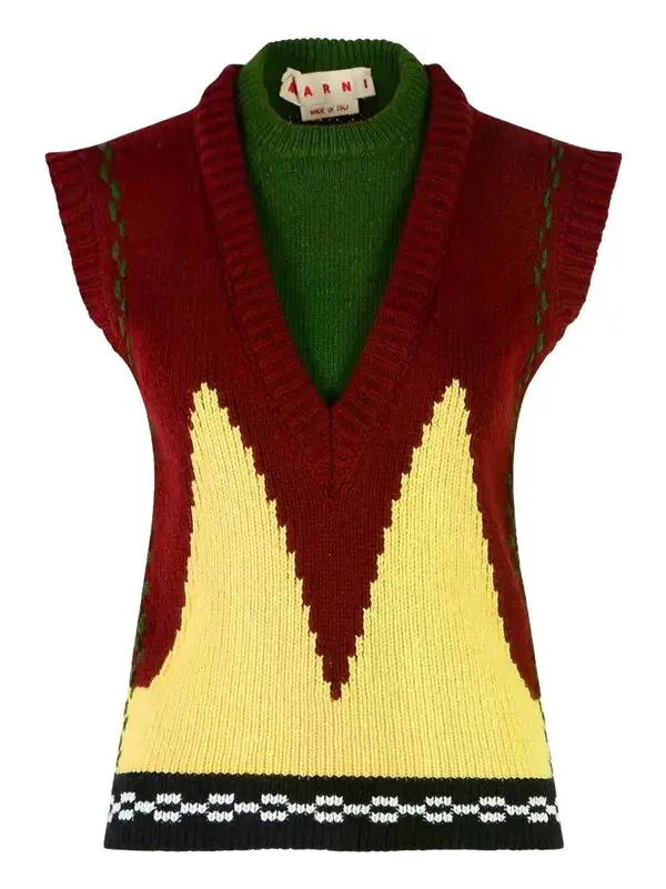 Marni Burgundy Wool Layered Vest With M Intarsia - Red