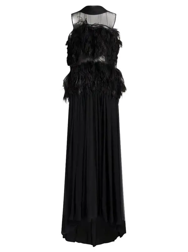 Alberta Ferretti Feather-embellished Silk Maxi Dress - Black