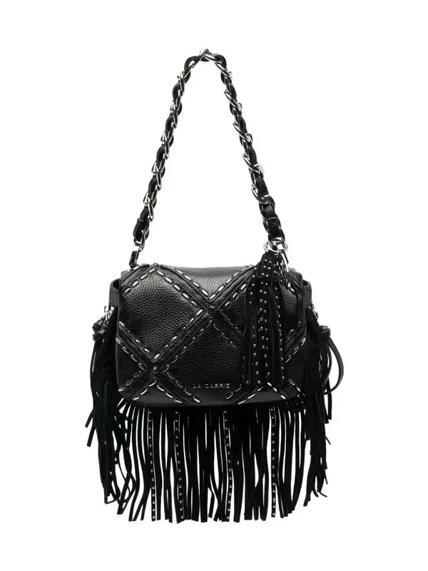 LA CARRIE Small Isabel Fringe-trimmed Studded Shoulder Bag - Black