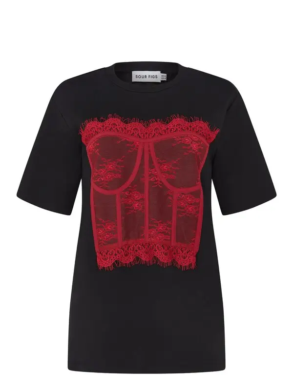 SOUR FIGS Black / Red Crimson Red Lace Corset Illusion T-shirt In Black - Black/red