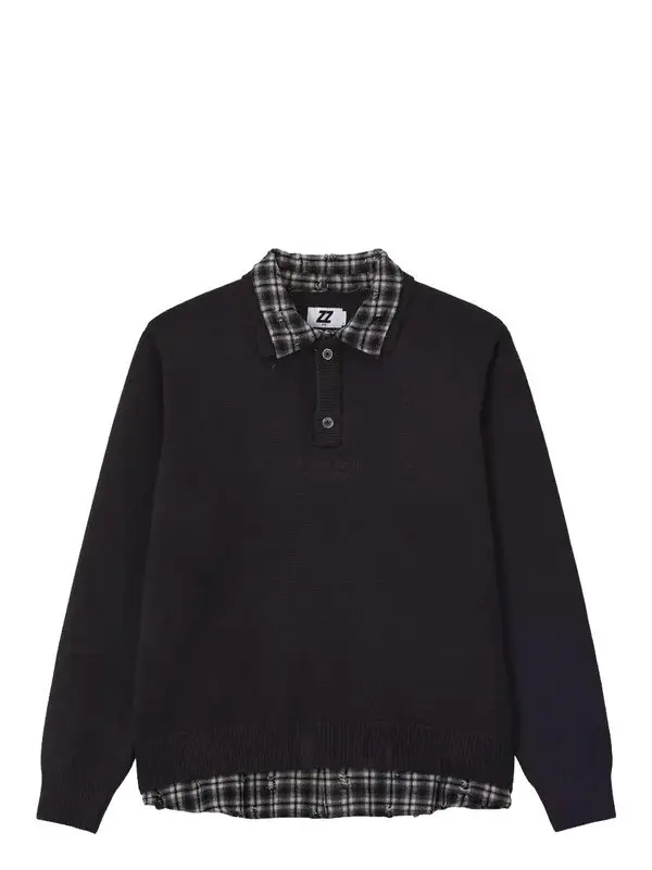 Izzue Layered-effect Polo-collar Sweater - Black