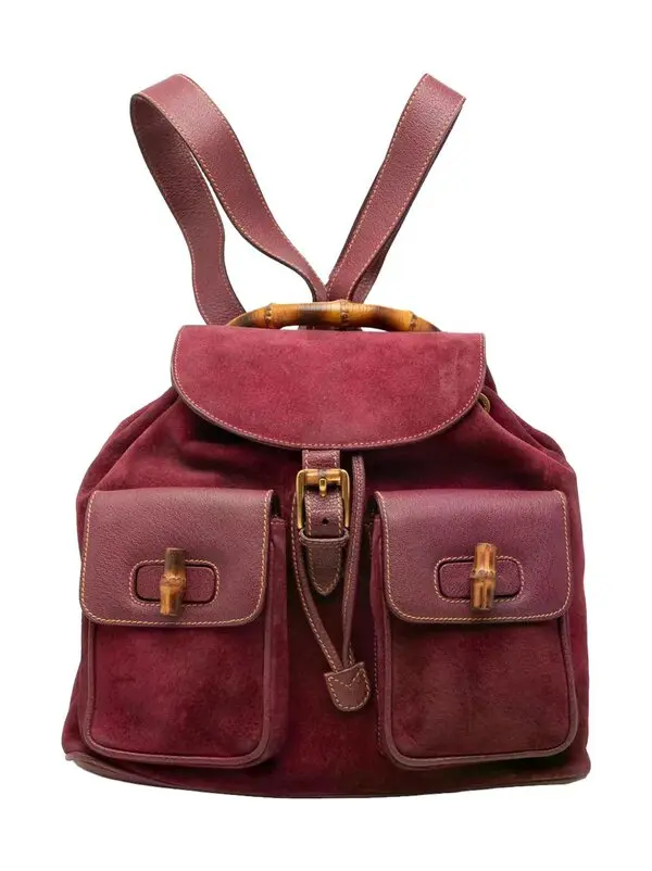 Gucci 20th Century Large Suede Bamboo Drawstring Backpack - Red