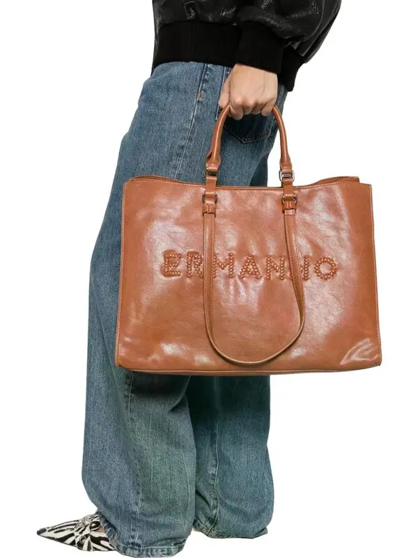 ERMANNO FIRENZE Large Logo-embroidered Leather Tote Bag - Brown