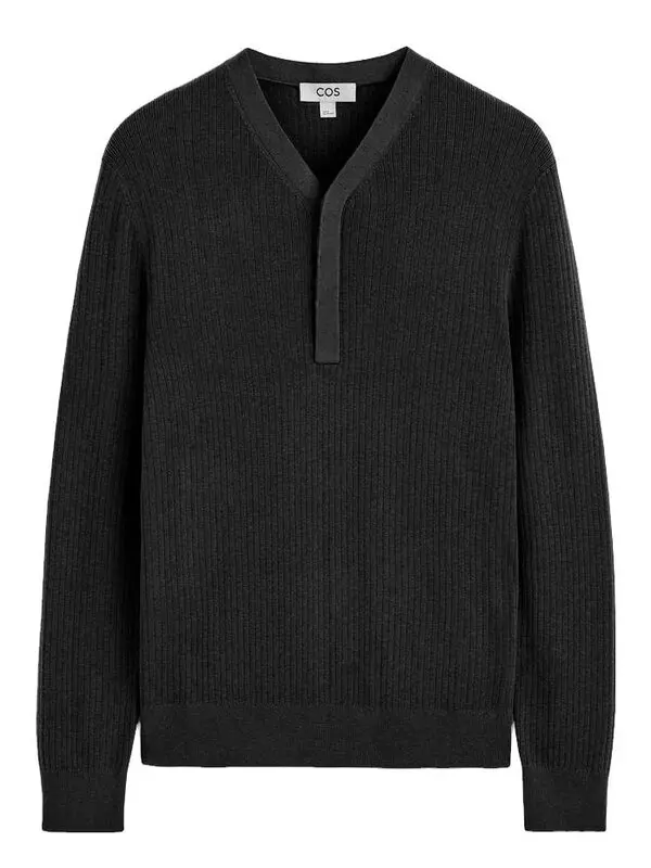 Cos Merino-lyocell Ribbed-knit Henley Top - Black