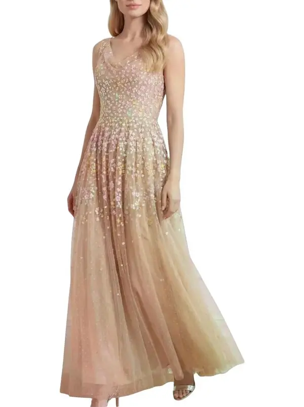 NEEDLE & THREAD Versailles Ditsy Cowl-neck Gown - Neutrals