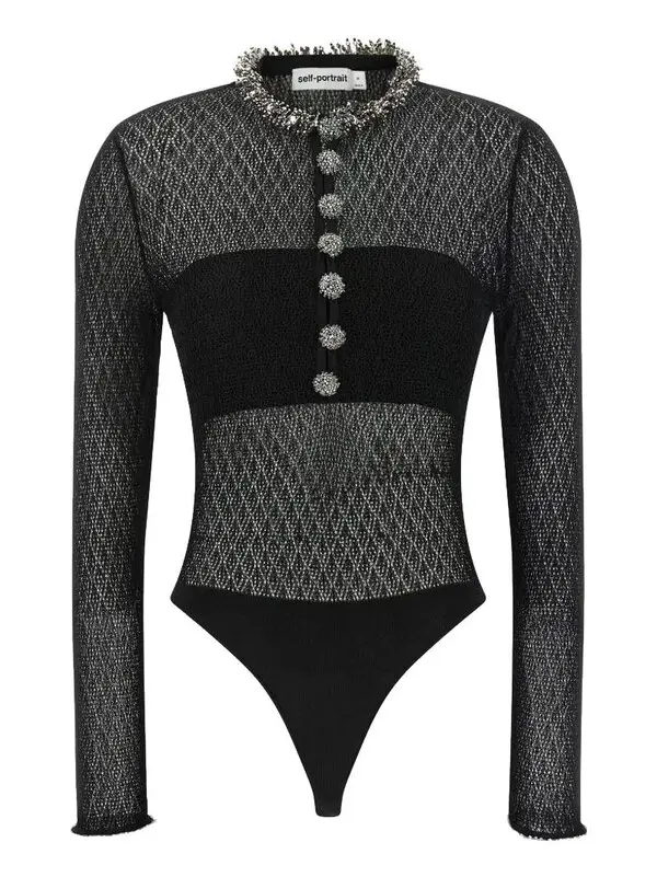 SELF-PORTRAIT Crystal-embellished Pointelle Bodysuit - Black