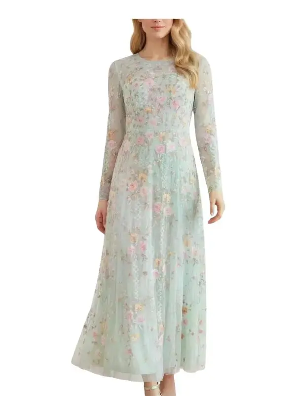 NEEDLE & THREAD Garden Rose Long-sleeve Gown - Green