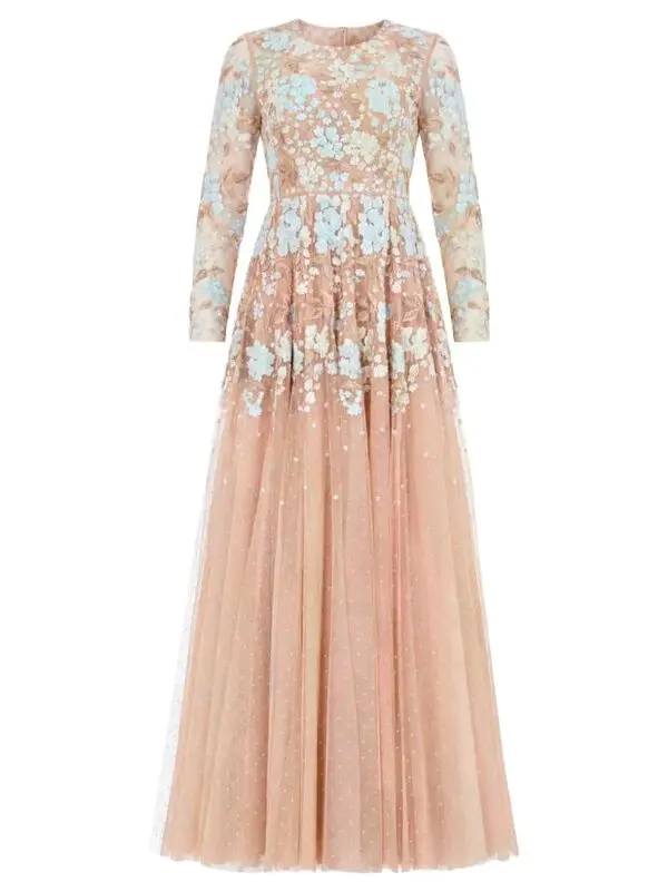 NEEDLE & THREAD Wisteria Dot Long-sleeve Maxi Gown - Neutrals