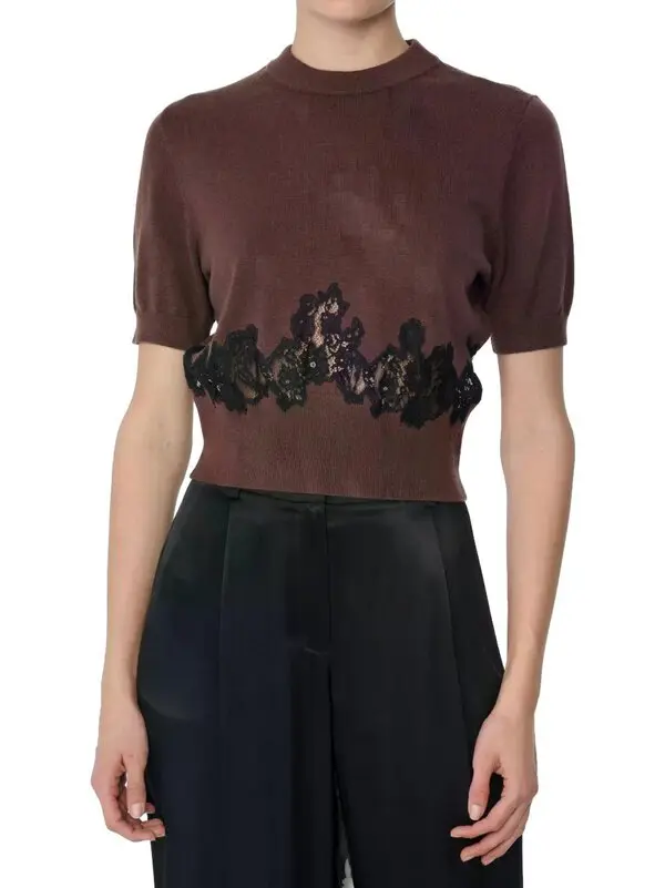 TOCCIN Lace-trim Short-sleeve Top - Brown