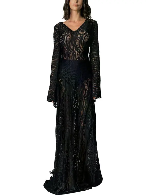 MIAU BY CLARA ROTESCU Lace Bell-sleeve Maxi Dress - Black