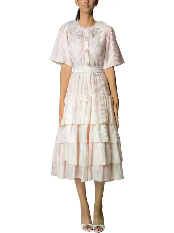 MIAU BY CLARA ROTESCU Embroidered Tiered Midi Dress - Pink