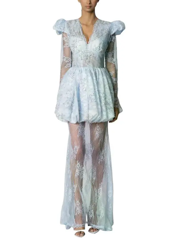 MIAU BY CLARA ROTESCU Lace-overlay Balloon-skirt Maxi Dress - Blue
