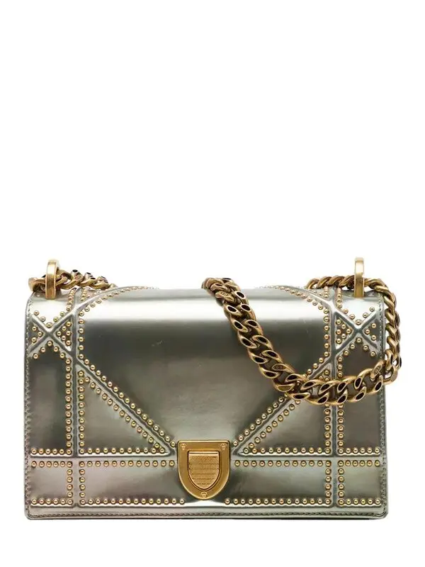 Dior 2018 Small Studded Patent Diorama Flap Crossbody Bag - Silver